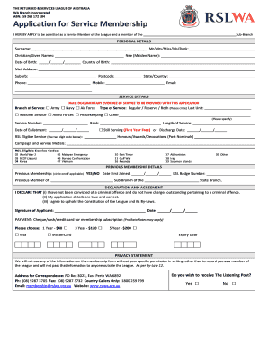 Fillable Online Application for Service Membership - rslwa Fax Email ...