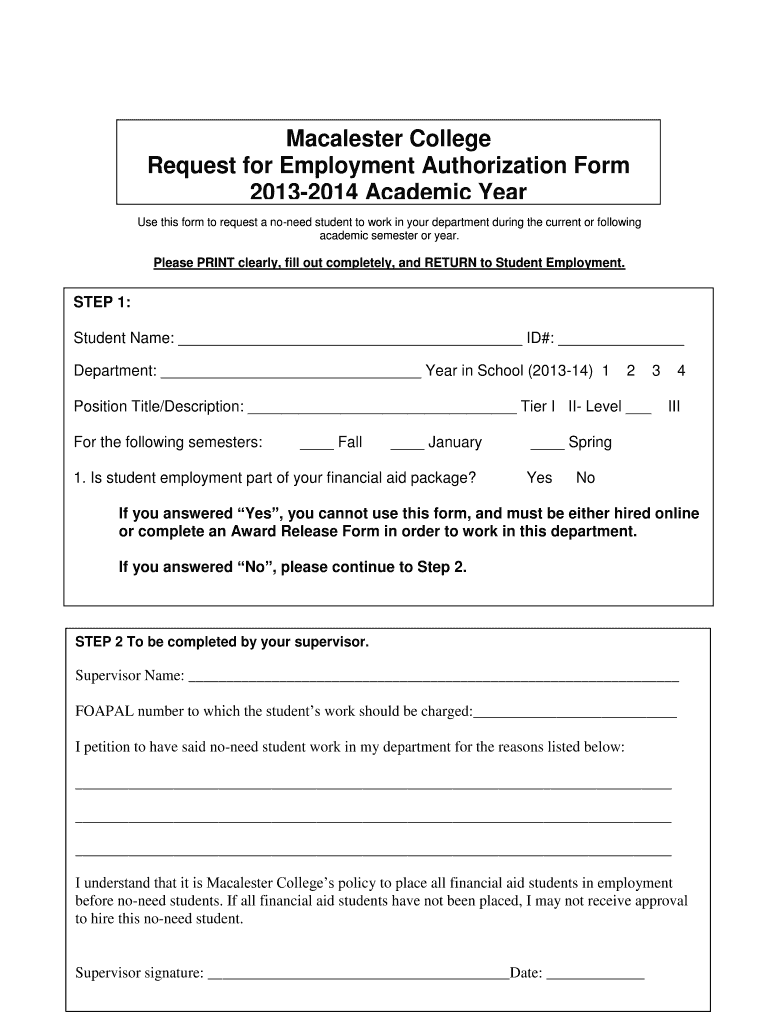 Fillable Online Request for Employment Authorization Form Fax Email ...