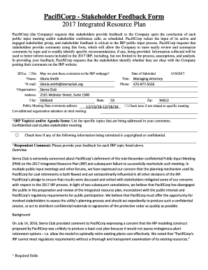 Fillable Online Stakeholder Feedback Form 2019 Integrated Resource Plan ...