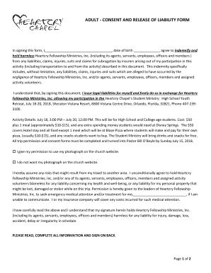 Fillable Online ADULT - CONSENT AND RELEASE OF LIABILITY FORM Fax Email ...
