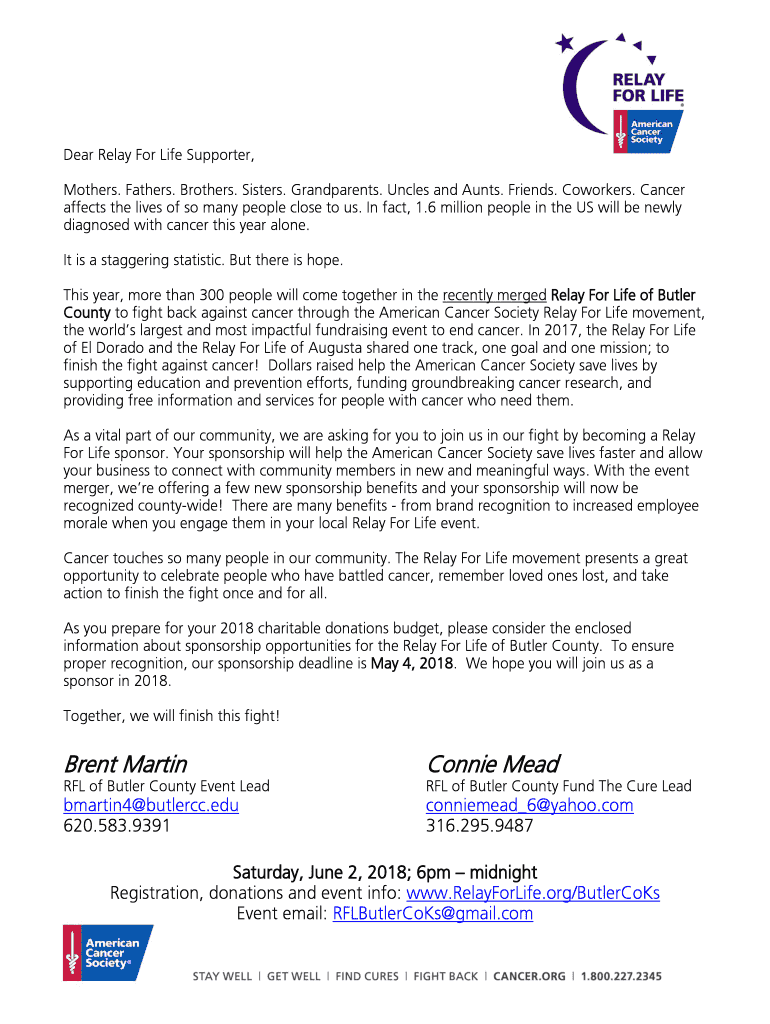 Fillable Online Relay For Life Sponsorship Cover Letter Template Fax ...