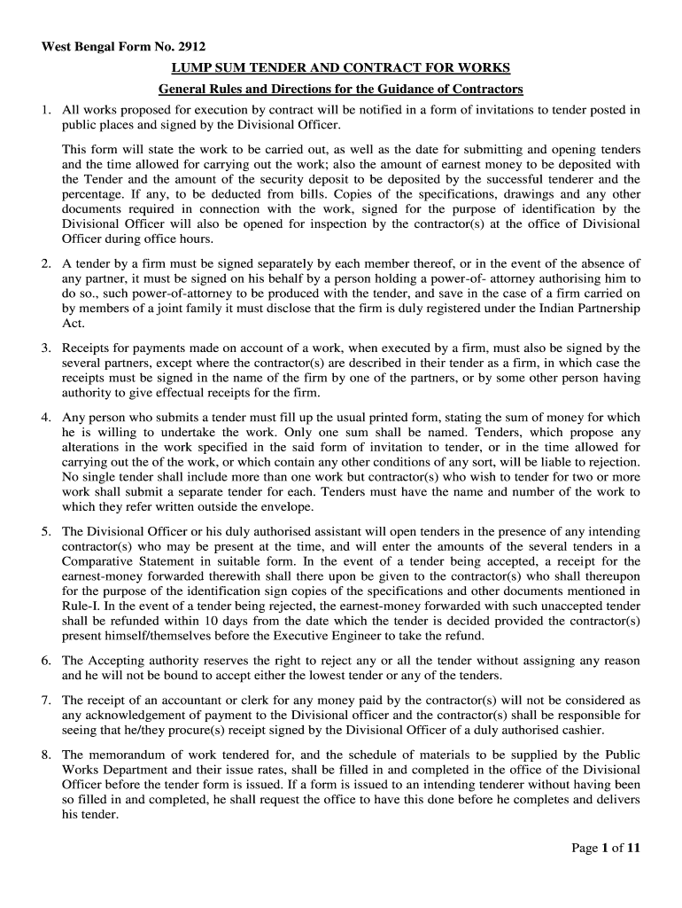 Fillable Online Page 1 of 11 West Bengal Form No. 2912 LUMP SUM TENDER ...