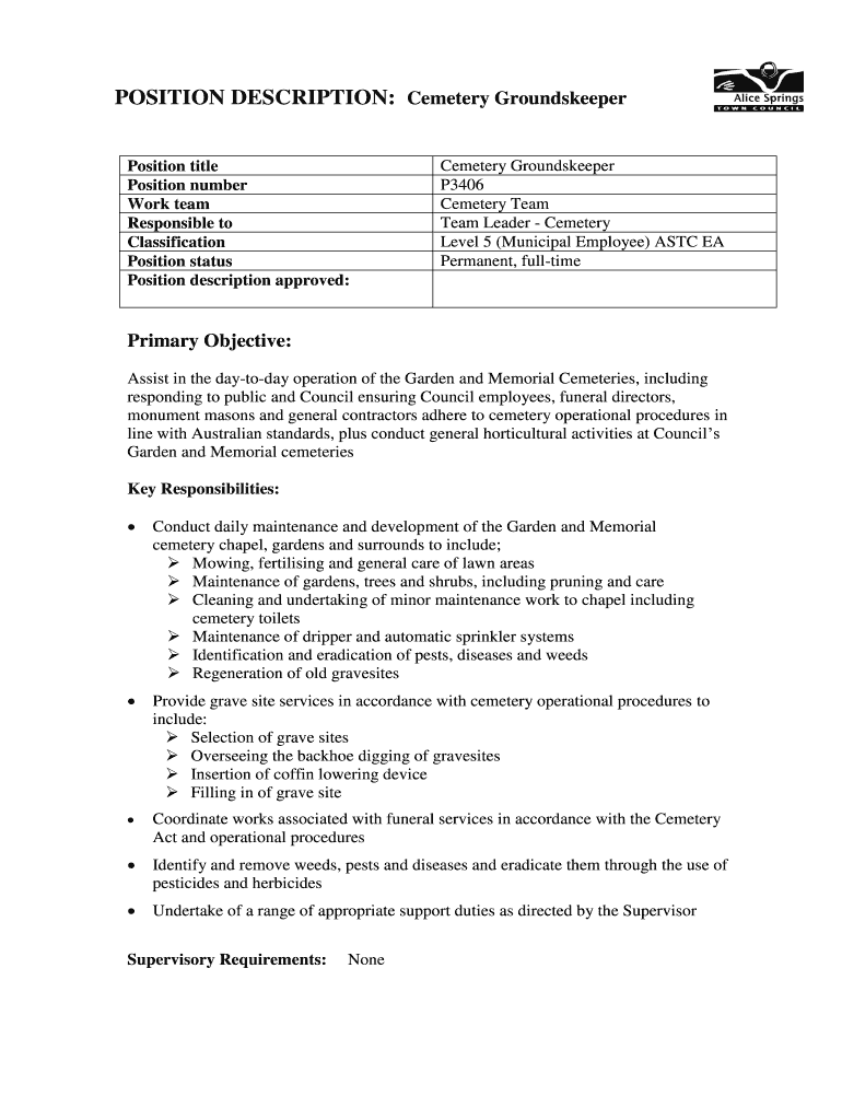 Fillable Online POSITION DESCRIPTION: Cemetery Groundskeeper Fax Email ...