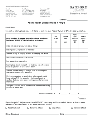 Fillable Online Adult: Health Questionnaire / PHQ-9 Fax Email Print ...