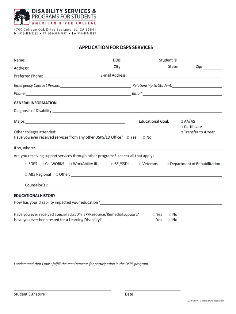 Fillable Online APPLICATION FOR DSPS SERVICES Fax Email Print - pdfFiller