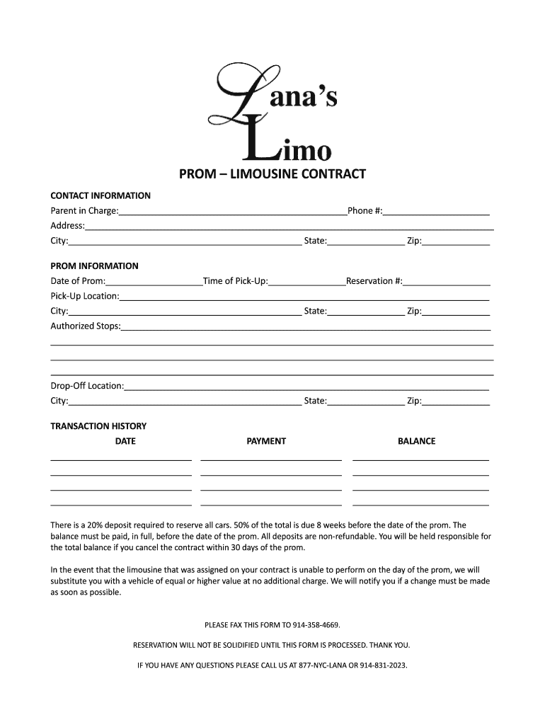Fillable Online PROM LIMOUSINE CONTRACT Fax Email Print - pdfFiller