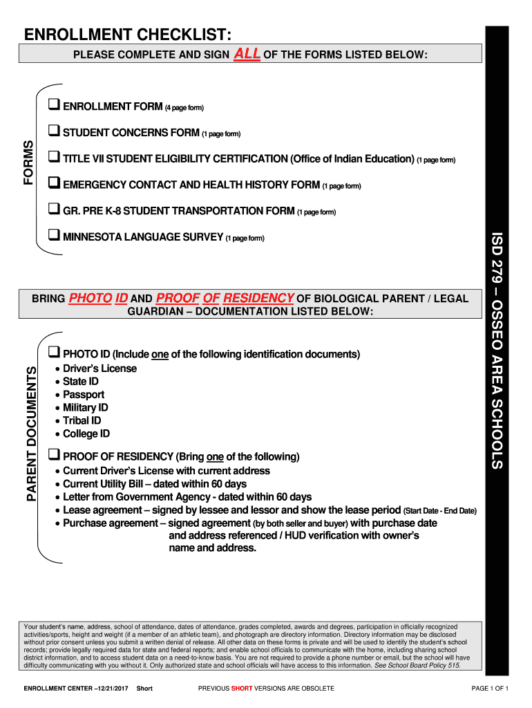 Fillable Online ENROLLMENT CHECKLIST: Fax Email Print - pdfFiller