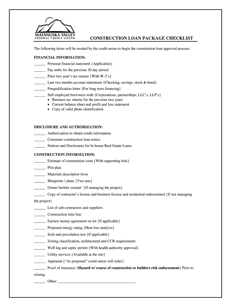 Fillable Online CONSTRUCTION LOAN PACKAGE CHECKLIST Fax Email Print ...