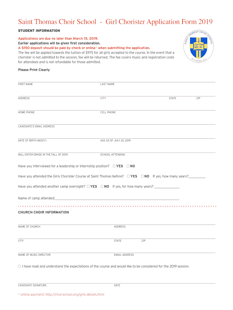Fillable Online Saint Thomas Choir School - Girl Chorister Application Form 2019 Fax Email Print ...