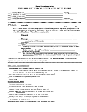 Fillable Online 2019 PRIZE LIST CHECKLIST FOR AFFILIATED SHOWS Fax ...