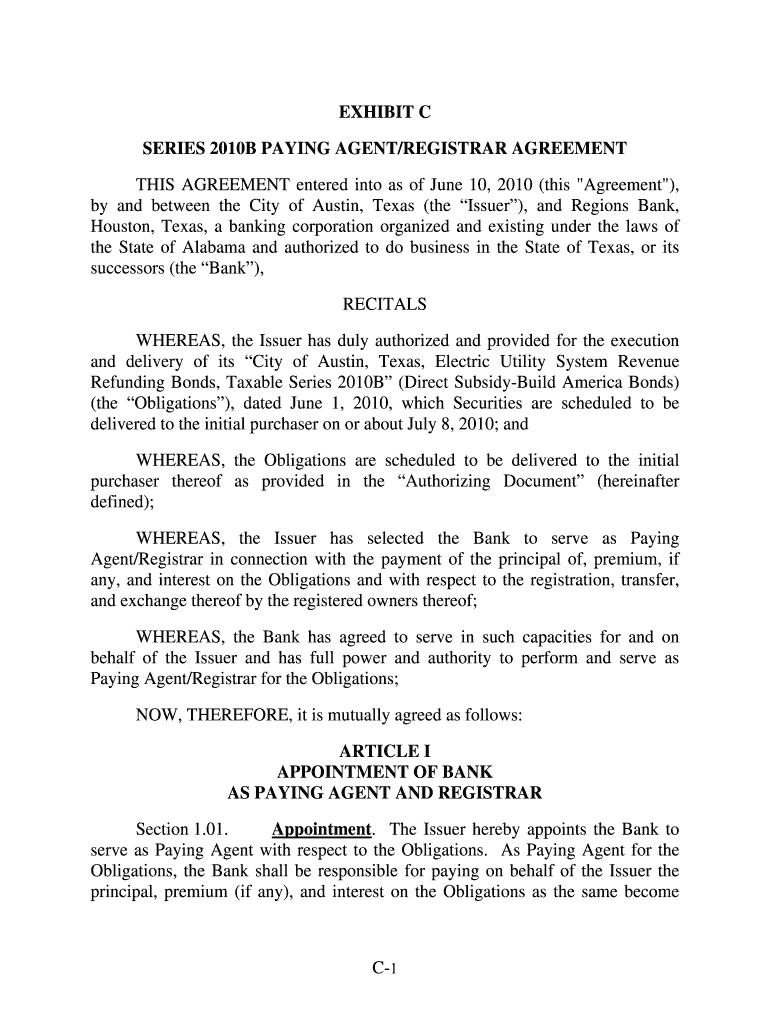 Fillable Online Exhibit A PAYING AGENT/REGISTRAR AGREEMENT - Austin ...