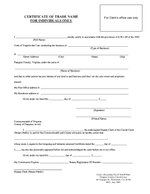 Fillable Online certificate of trade name for individuals only Fax ...