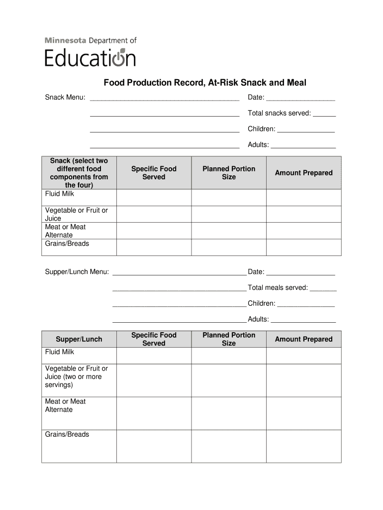 Fillable Online At-Risk Snack and Meal Production Record. At-Risk Snack ...