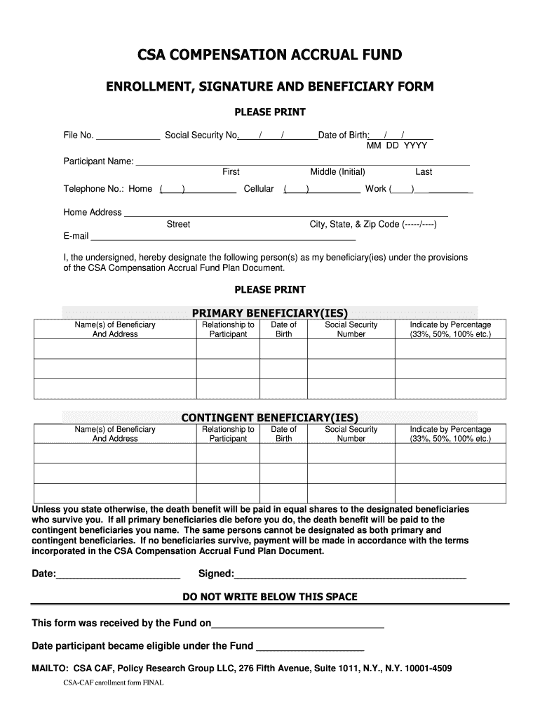 Fillable Online ENROLLMENT, SIGNATURE AND BENEFICIARY FORM Fax Email ...