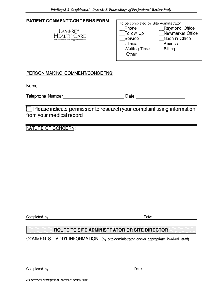 Fillable Online PATIENT COMMENT/COMPLAINT FORM Fax Email Print - pdfFiller