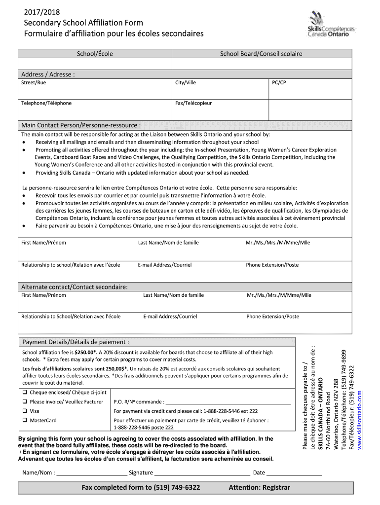 Fillable Online 2017/2018 Secondary School Affiliation Form Formulaire ...
