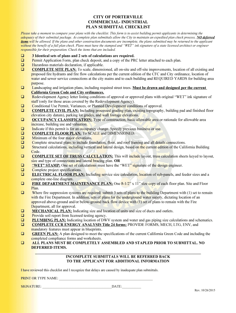 Fillable Online CITY OF PORTERVILLE. Commercial Industrial Plan Check Application Fax Email ...