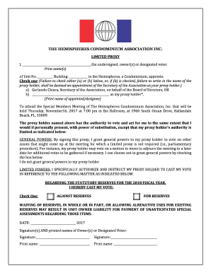 Fillable Online LIMITED PROXY - The Hemispheres Condominium Fax Email ...