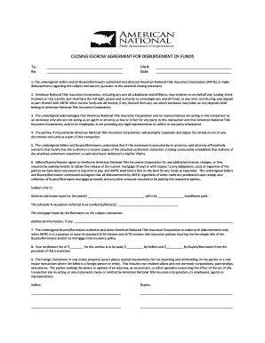 Fillable Online CLOSING ESCROW AGREEMENT FOR DISBURSEMENT OF FUNDS Fax ...