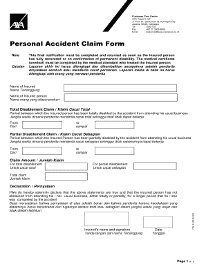 Fillable Online axa co Personal Accident Claim Form (Final Notification ...