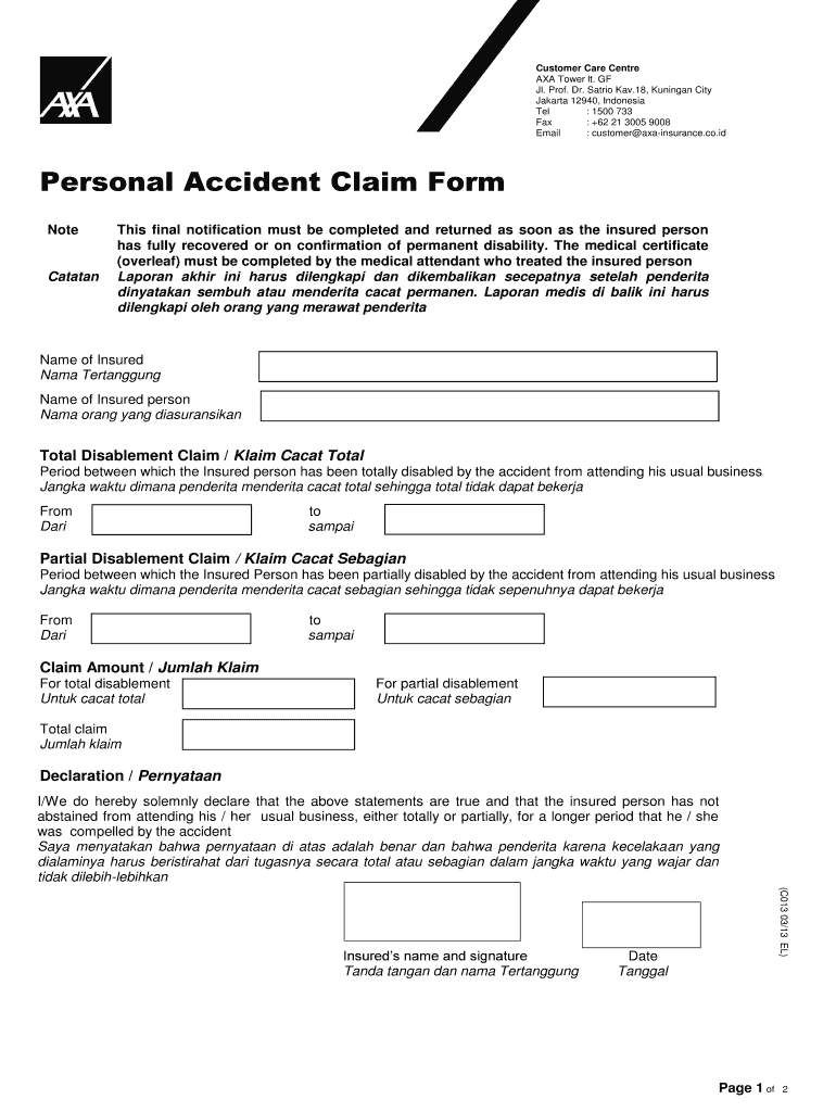 Fillable Online axa co Personal Accident Claim Form (Final Notification ...
