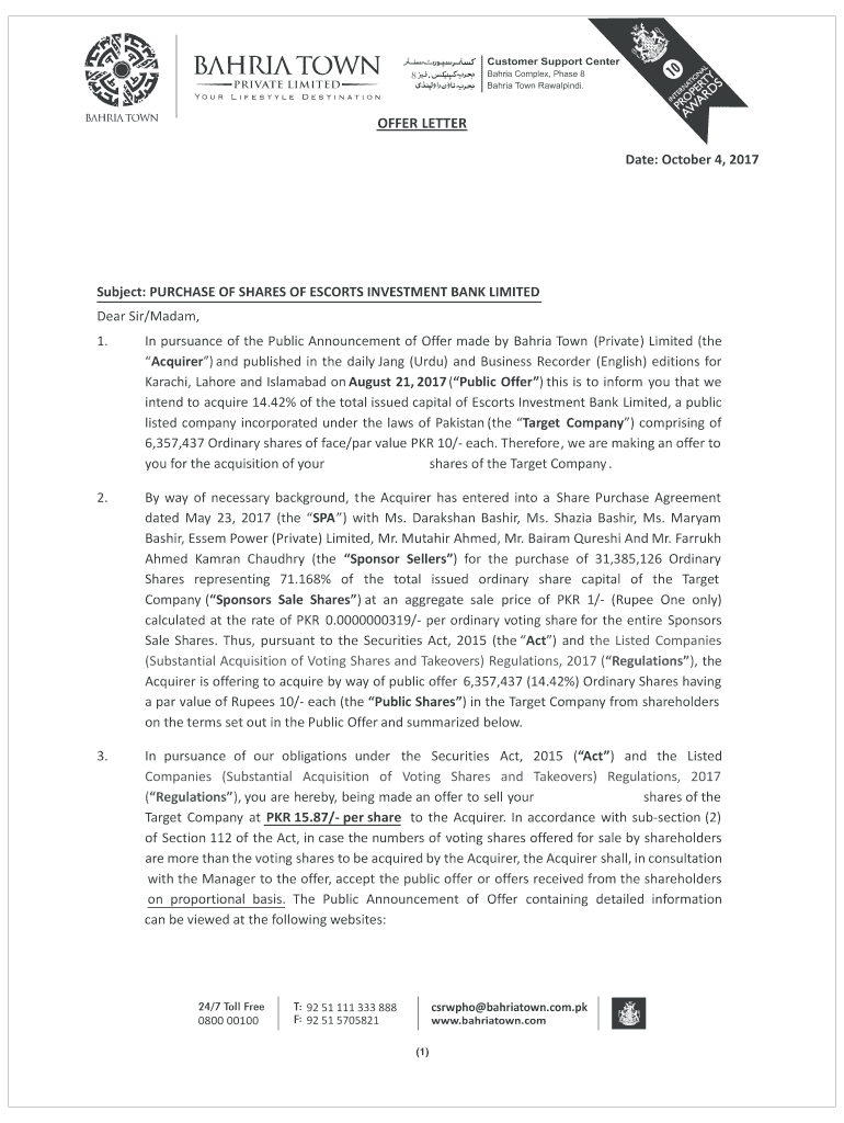Fillable Online Offer Letter - Bahria Town Fax Email Print - pdfFiller