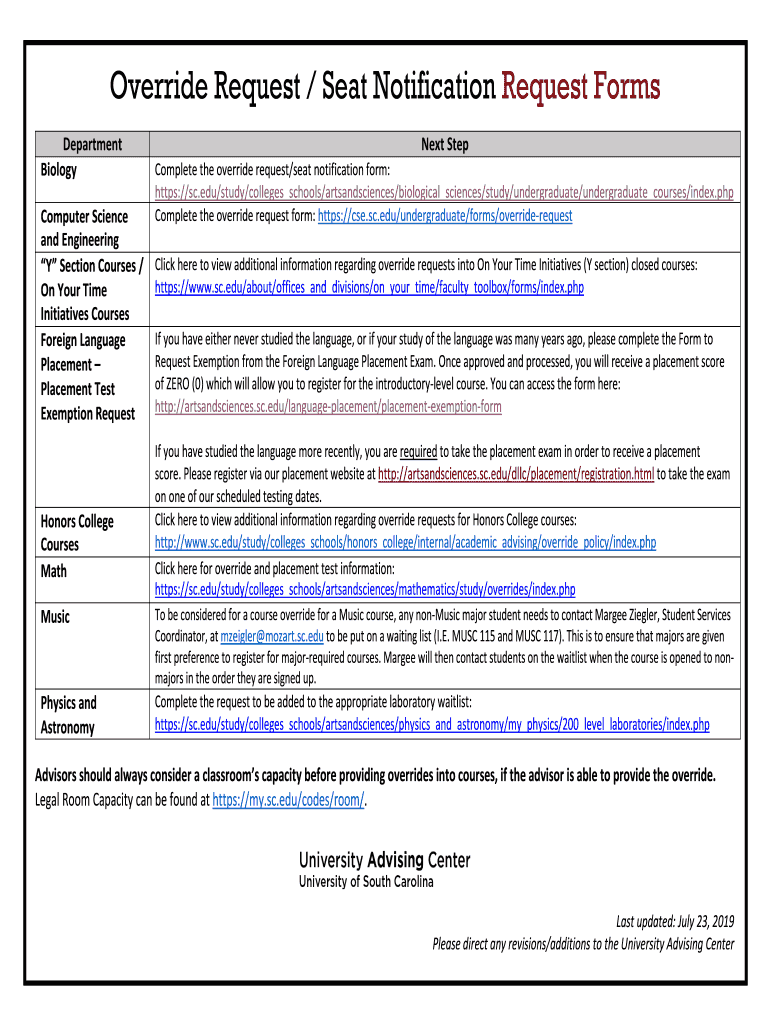 Fillable Online Override Request / Seat Notification Request Forms Fax ...
