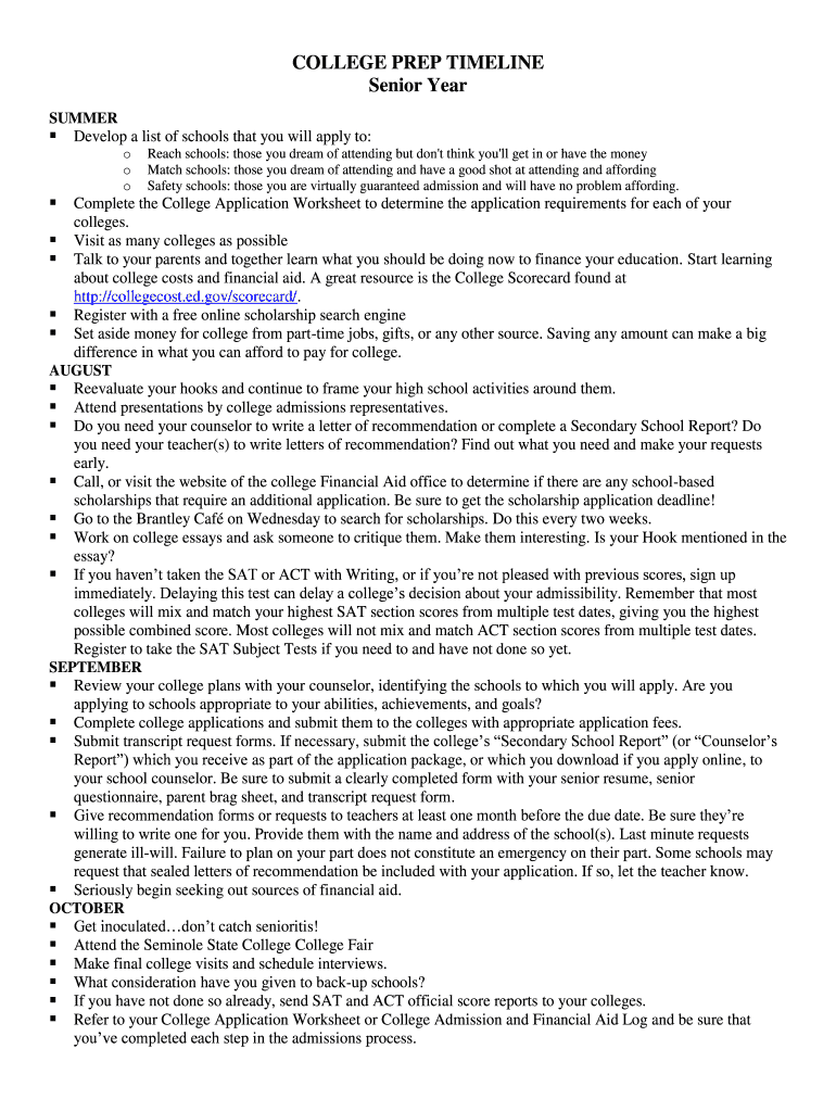 Fillable Online COLLEGE PREP TIMELINE Senior Year - lakebrantley.com ...