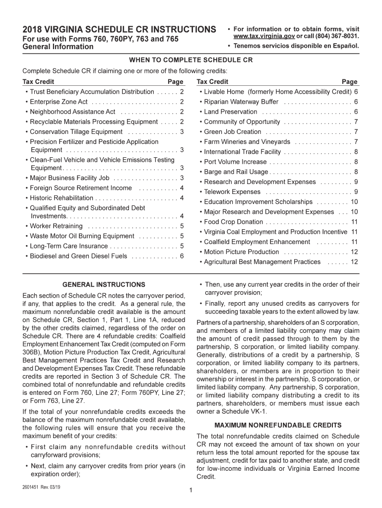 Fillable Online 2018 VIRGINIA SCHEDULE CR INSTRUCTIONS. SCHEDULE CR ...