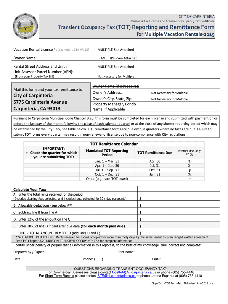 Fillable Online Transient Occupancy Tax (TOT) Reporting and Remittance ...