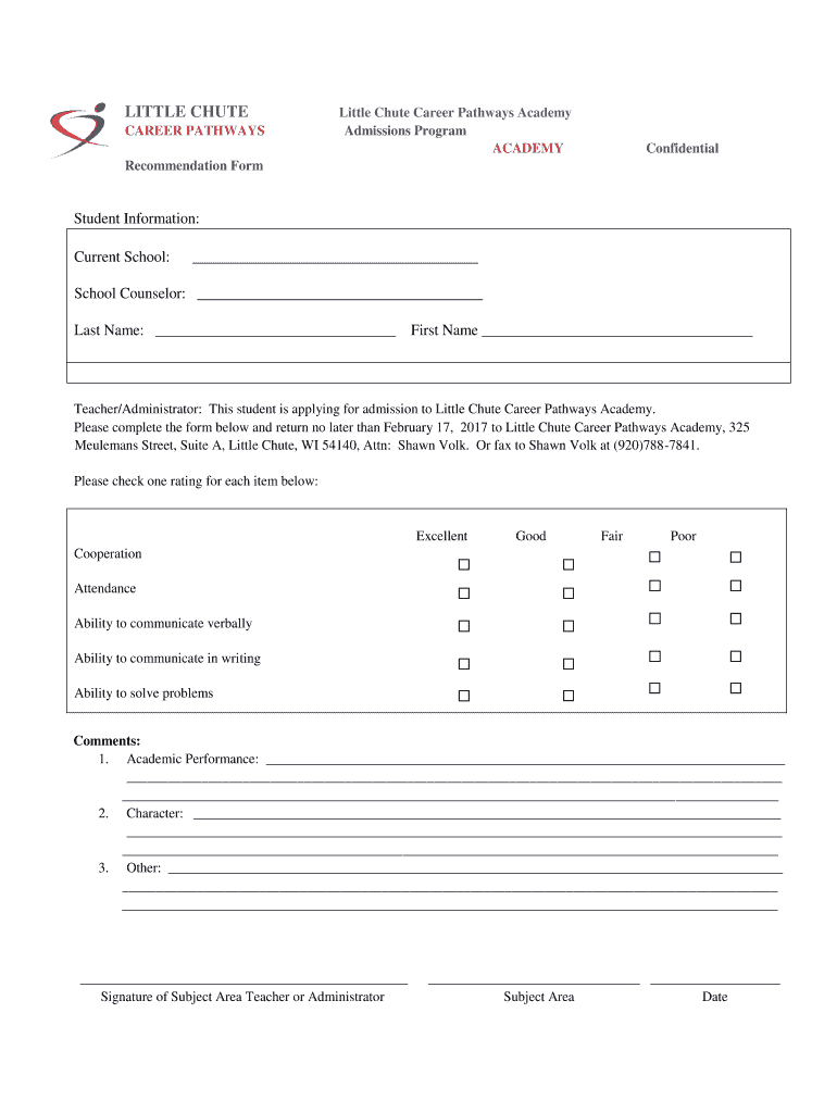 Fillable Online LITTLE CHUTE Little Chute Career Pathways Academy ...