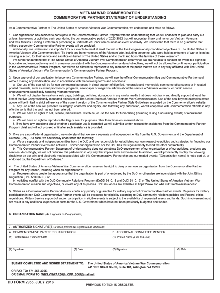 Fillable Online DD Form 2955, "VIETNAM WAR COMMEMORATION" Fax Email ...
