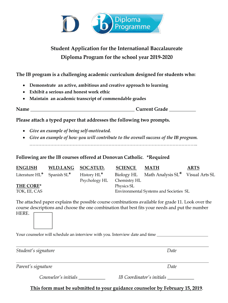 Fillable Online Student Application for the International Baccalaureate Diploma ... Fax Email ...
