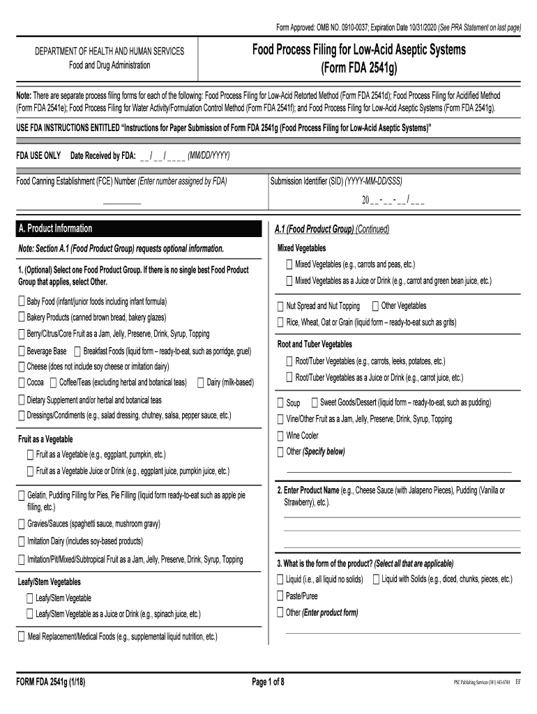 Fillable Online FORM FDA 2541g. Food Process Filing for Low-Acid ...
