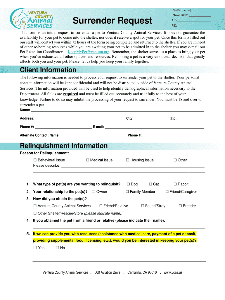 Fillable Online Surrendering Your Pet - Champaign County Humane Society ...