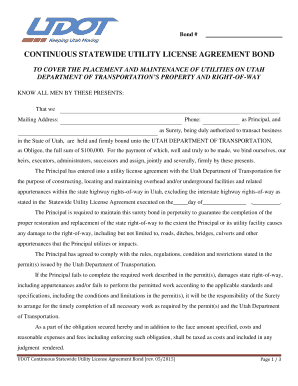 Fillable Online Continuous Statewide Utility License Agreement Bond ...