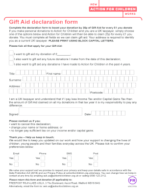 Fillable Online Gift Aid declaration formAction for Children Fax Email Print - pdfFiller