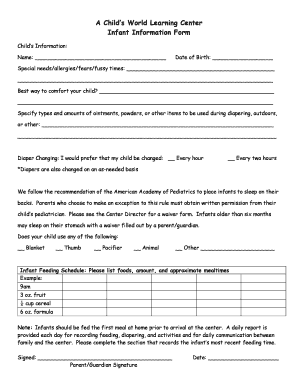 Fillable Online A Child's World Learning Center Infant Information Form ...
