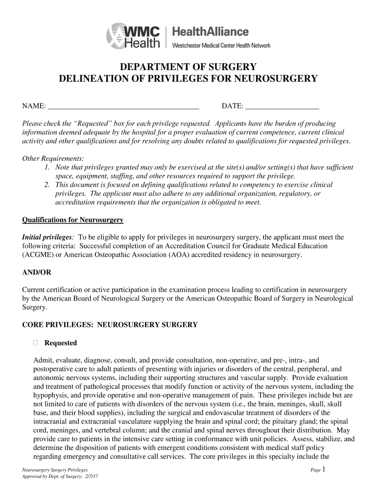 Fillable Online department of surgery delineation of privileges for ...