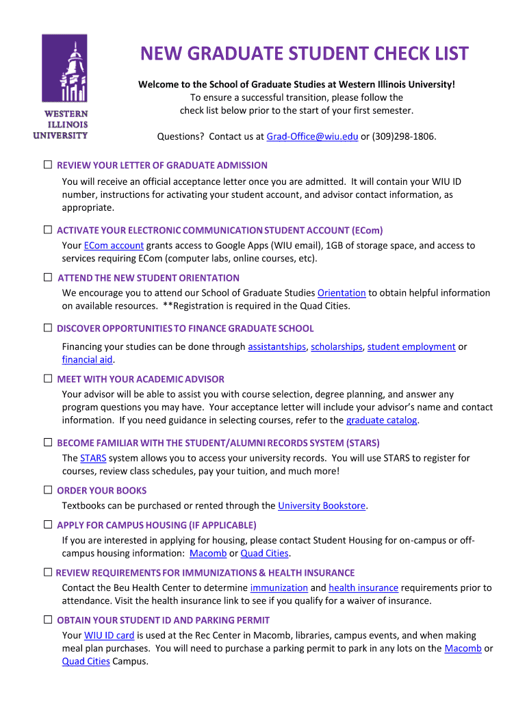 Fillable Online NEW GRADUATE STUDENT CHECK LIST - Western Illinois ...