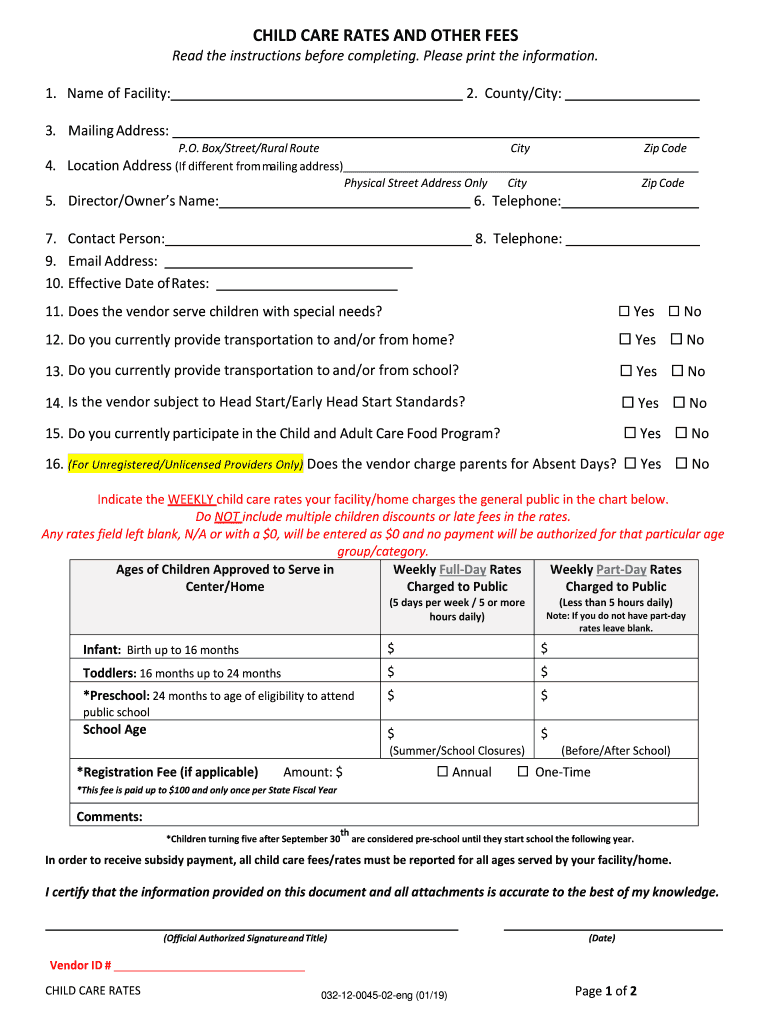 Fillable Online CHILD CARE RATES AND OTHER FEES Fax Email Print - pdfFiller