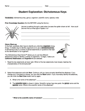 Fillable Online Name Kyle Geiger Date Student Exploration Dichotomous ...