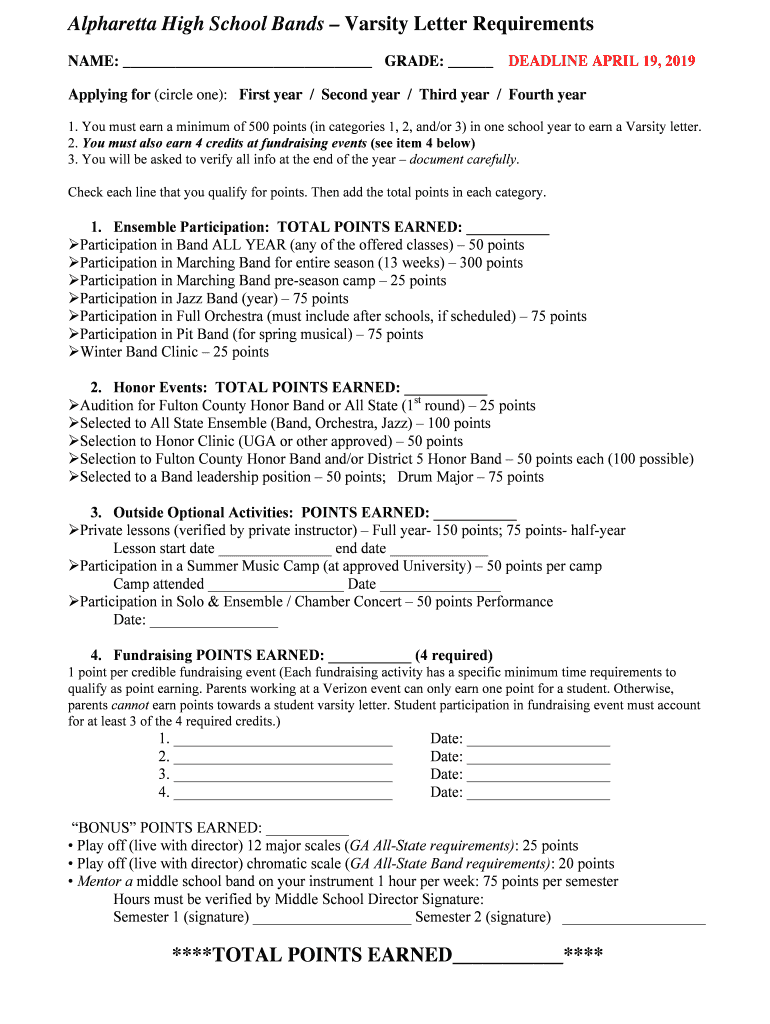 Fillable Online AHS Bands Varsity Letter Requirements - ALPHARETTA HIGH ...