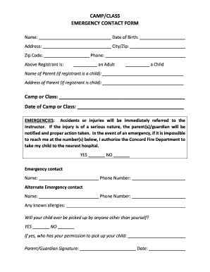 Fillable Online CAMP/CLASS EMERGENCY CONTACT FORM Fax Email Print ...