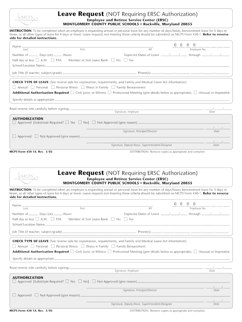 Fillable Online MCPS Form 430-1a, 3/05. Leave Request (NOT Requiring ...