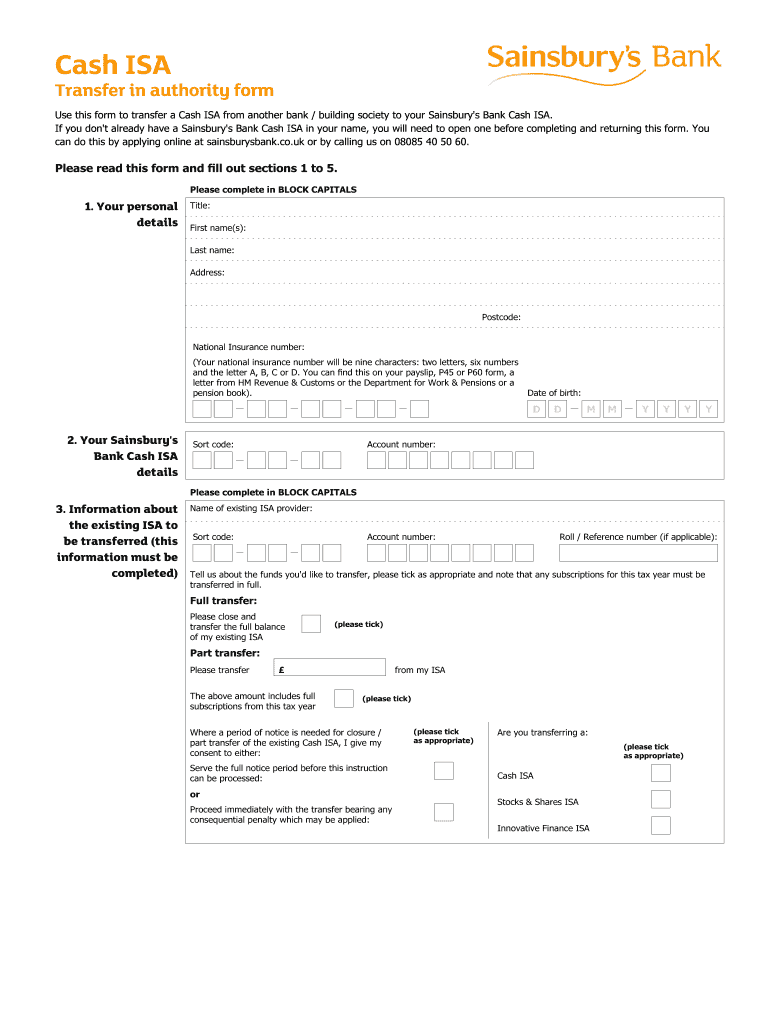 Fillable Online Cash ISA - Sainsbury's Bank Fax Email Print - pdfFiller