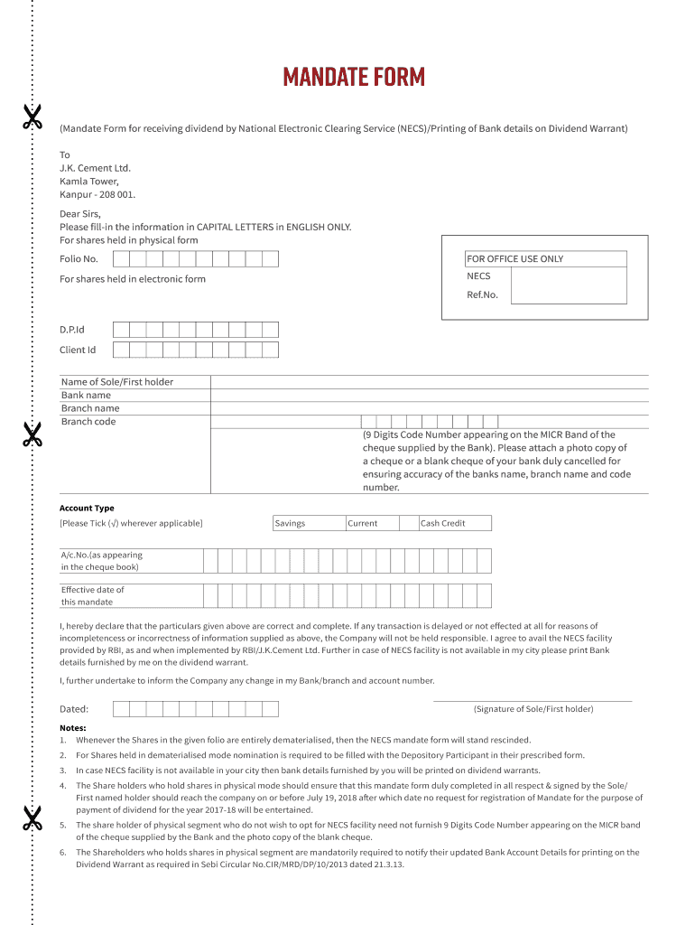 Fillable Online MANDATE FORM Electronic Clearing Service (Credit Clearing)/ Real ... Fax Email ...
