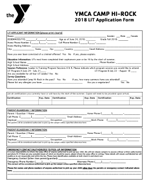 Fillable Online YMCA CAMP HI-ROCK 2018 LIT Application Form Fax Email Print - pdfFiller
