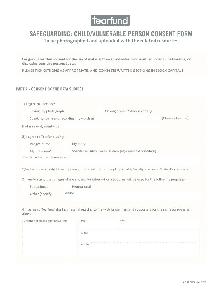 Fillable Online SAFEGUARDING: CHILD/VULNERABLE PERSON CONSENT FORM ...