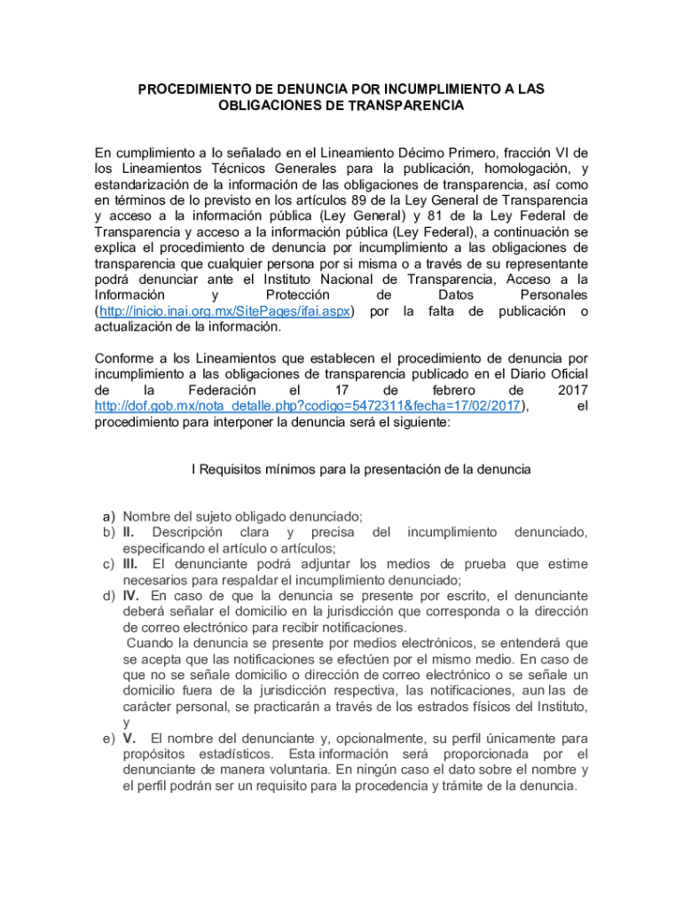 Fillable Online Procedimiento de denuncia por incumplimiento a las ...